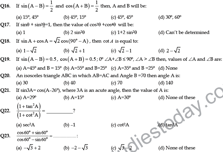 CBSE Class 10 Mathematics Application Of Trigonometry MCQs Multiple